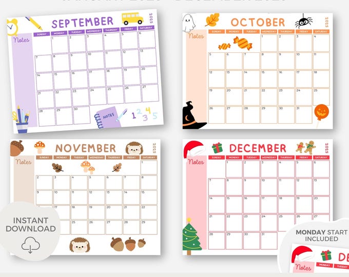 2025 Printable Kids Calendar With Cute Animals, Homeschool or Classroom ...
