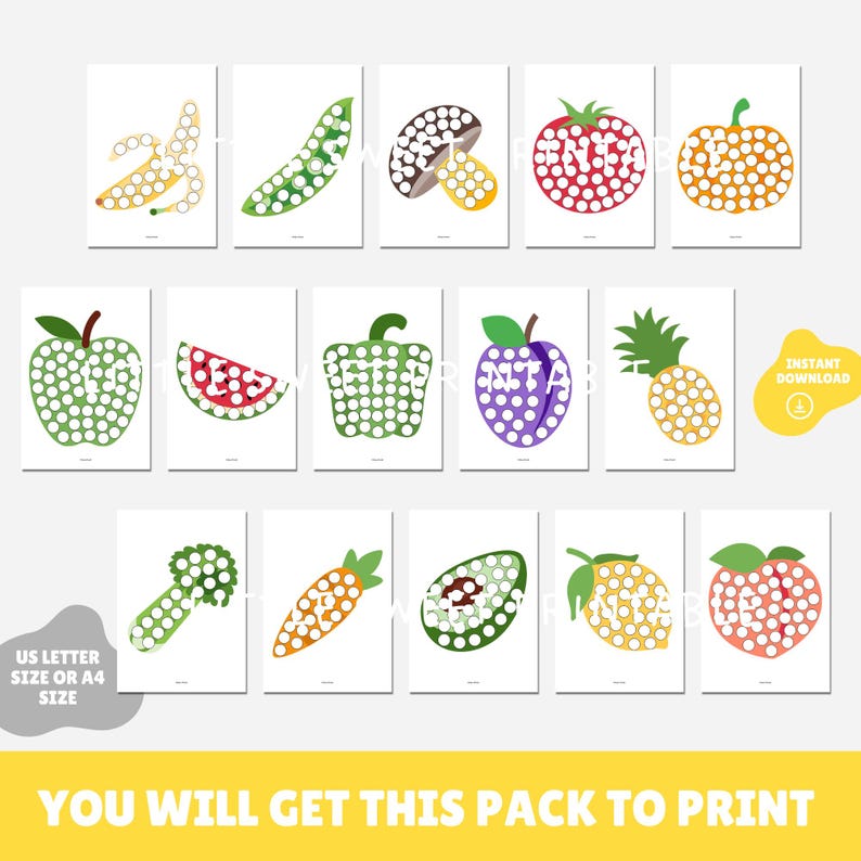 Do a Dot Printable, Fruits Vegetables Dot Marker Pages, Easy Kids ...