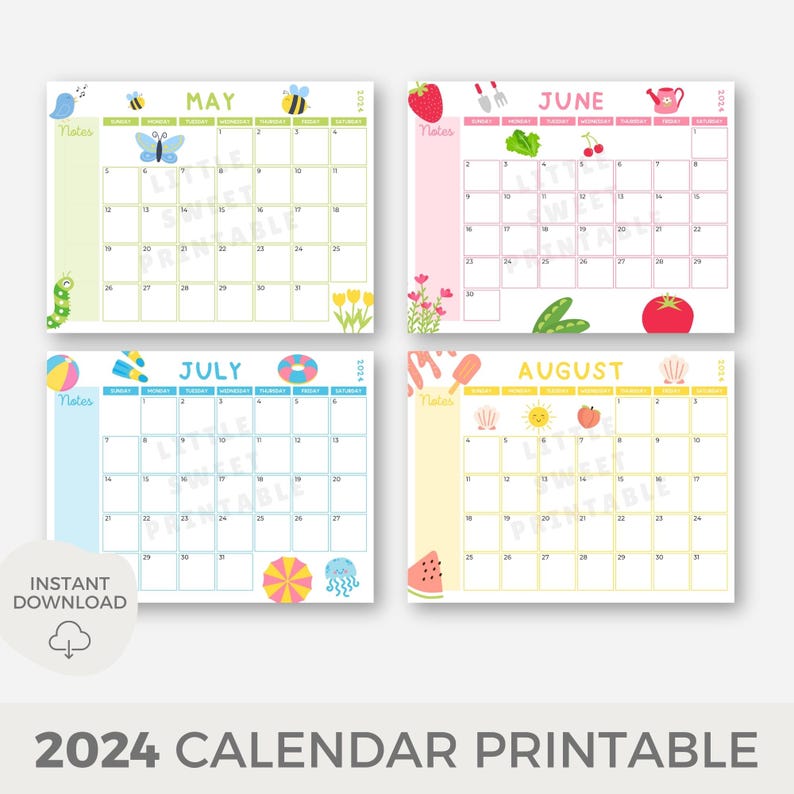 2024 Kids Printable Calendar, Printable Calendar for Children, Kids ...