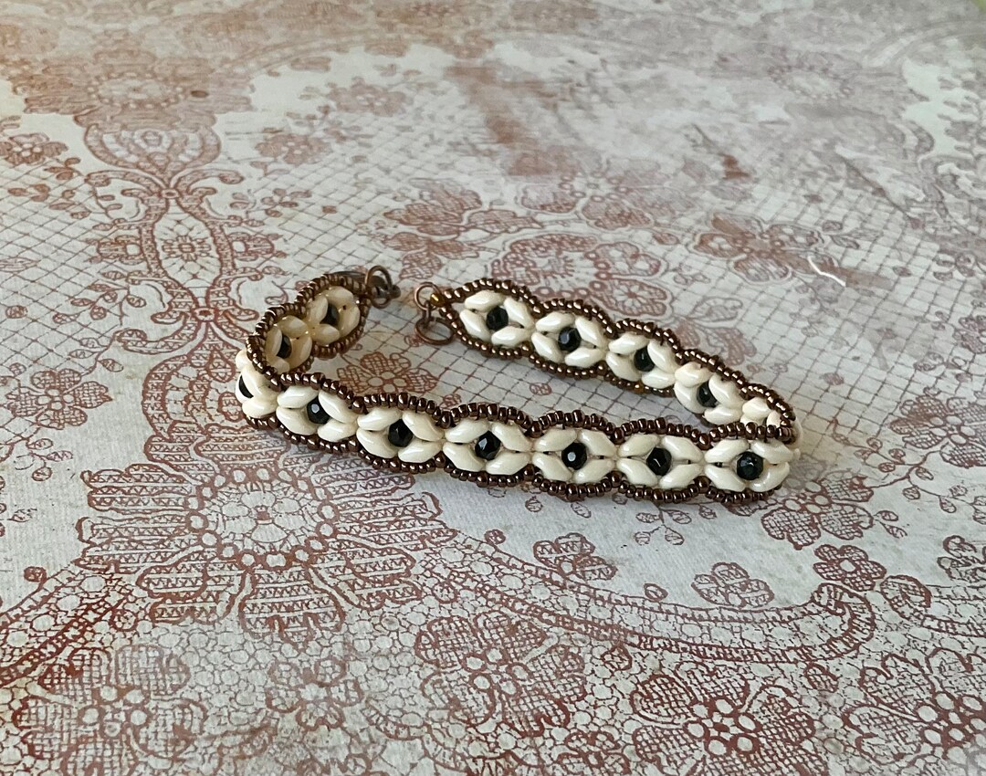 Cream and Bronze Superduo Rosette Bracelet; Bracelets for Women, Beaded Bracelets; Handmade ...