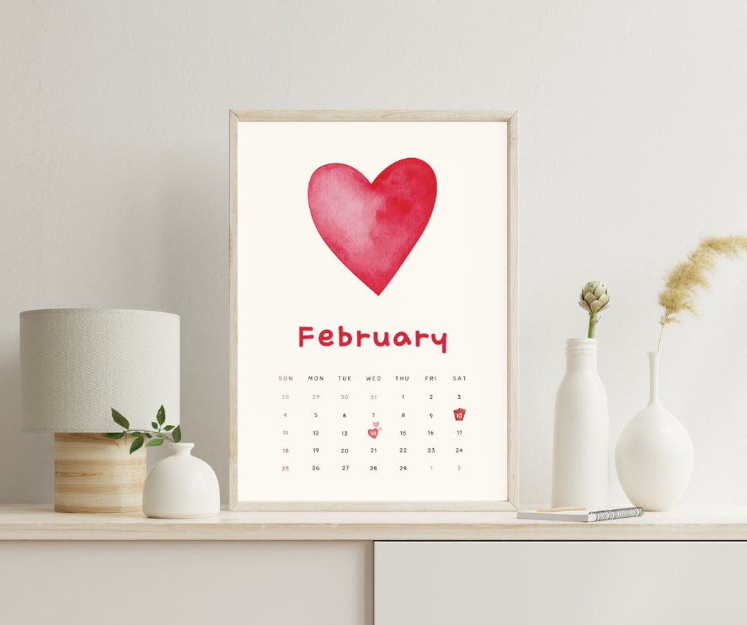 2024 Watercolor Valentine Theme Calendar Printable Portrait Vertical A4 ...