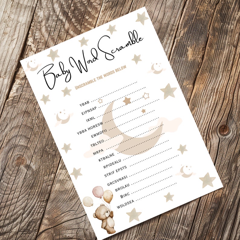 Baby Word Scramble Game, Printable Baby Shower Game, Teddy Bear Baby ...