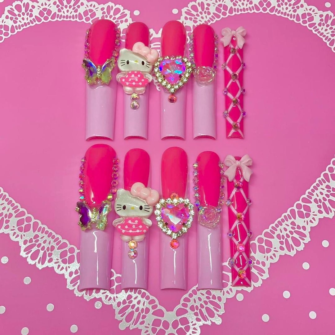 Kawaii Gyaru Coquette Bling Pink Hello Kitty Press on Nails - Etsy