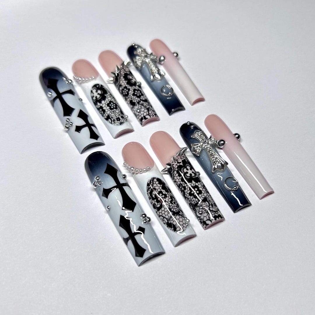 Y2k Grunge Gothic Cross Lace Press on Nails - Etsy