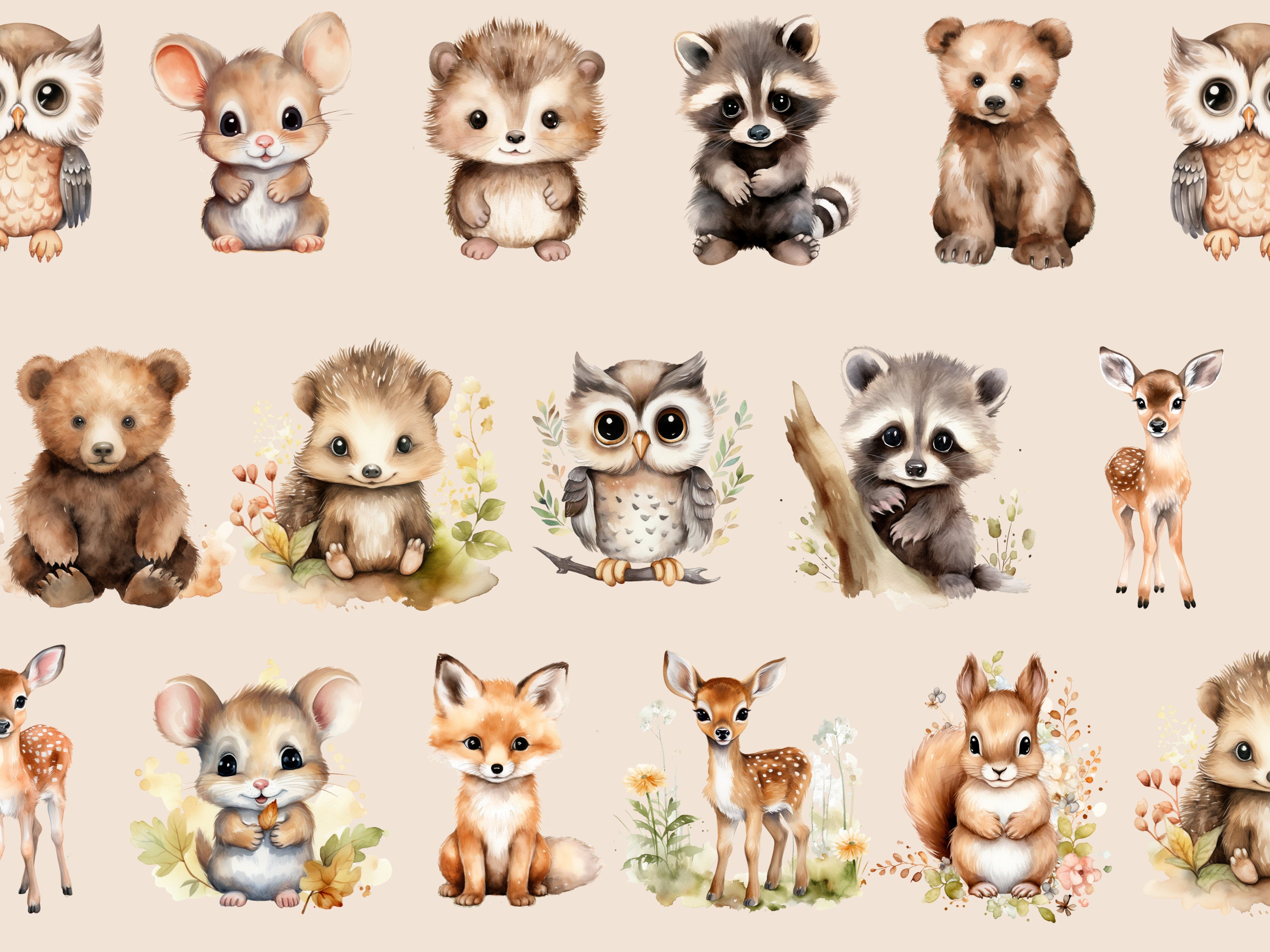 Woodland Babies Clipart, Woodland Animals Watercolor Clipart - Etsy