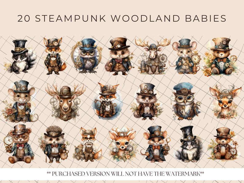Steampunk Woodland Babies Clipart, Woodland Animals Watercolor Clipart ...