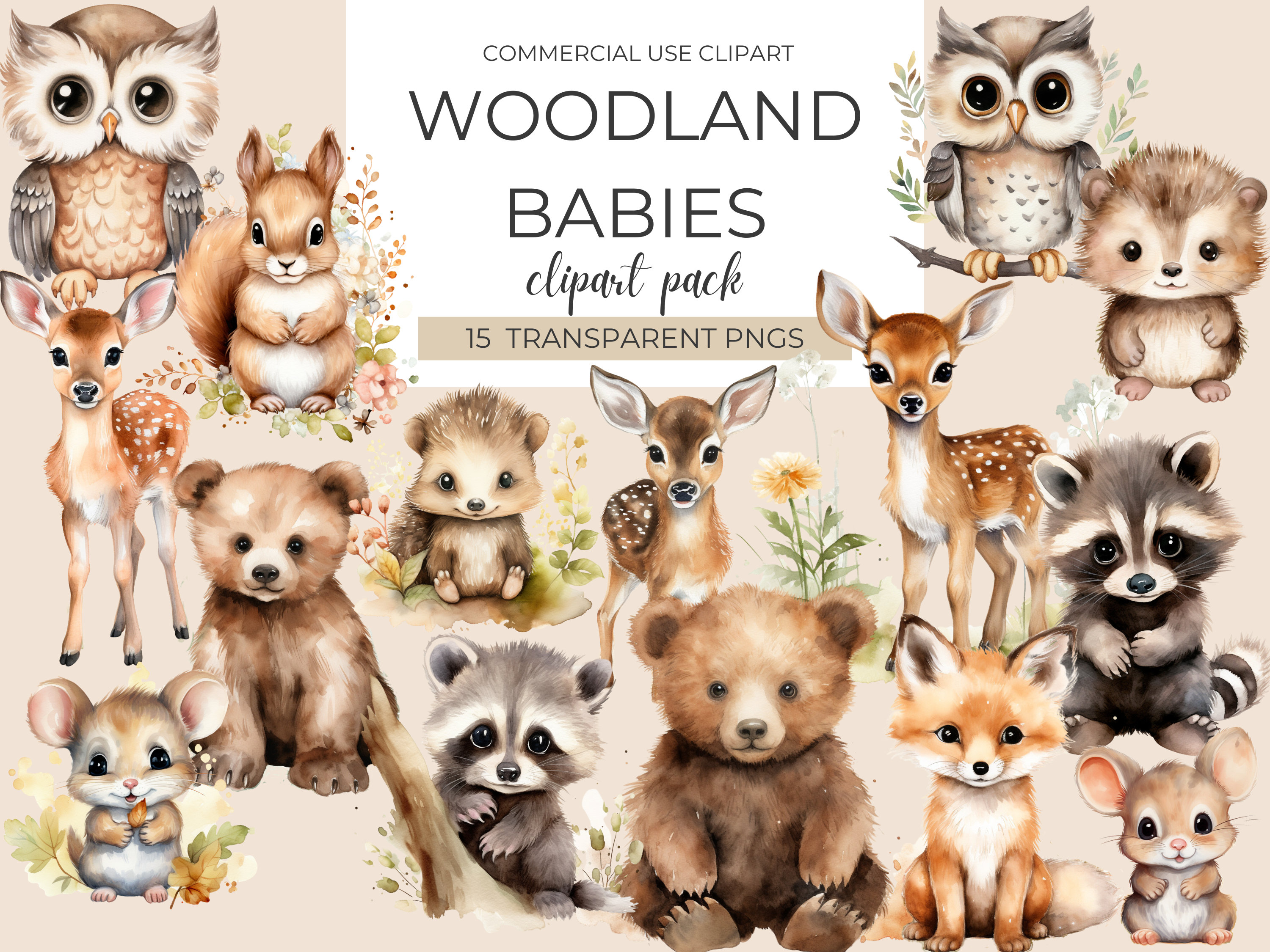 Woodland Babies Clipart, Woodland Animals Watercolor Clipart - Etsy
