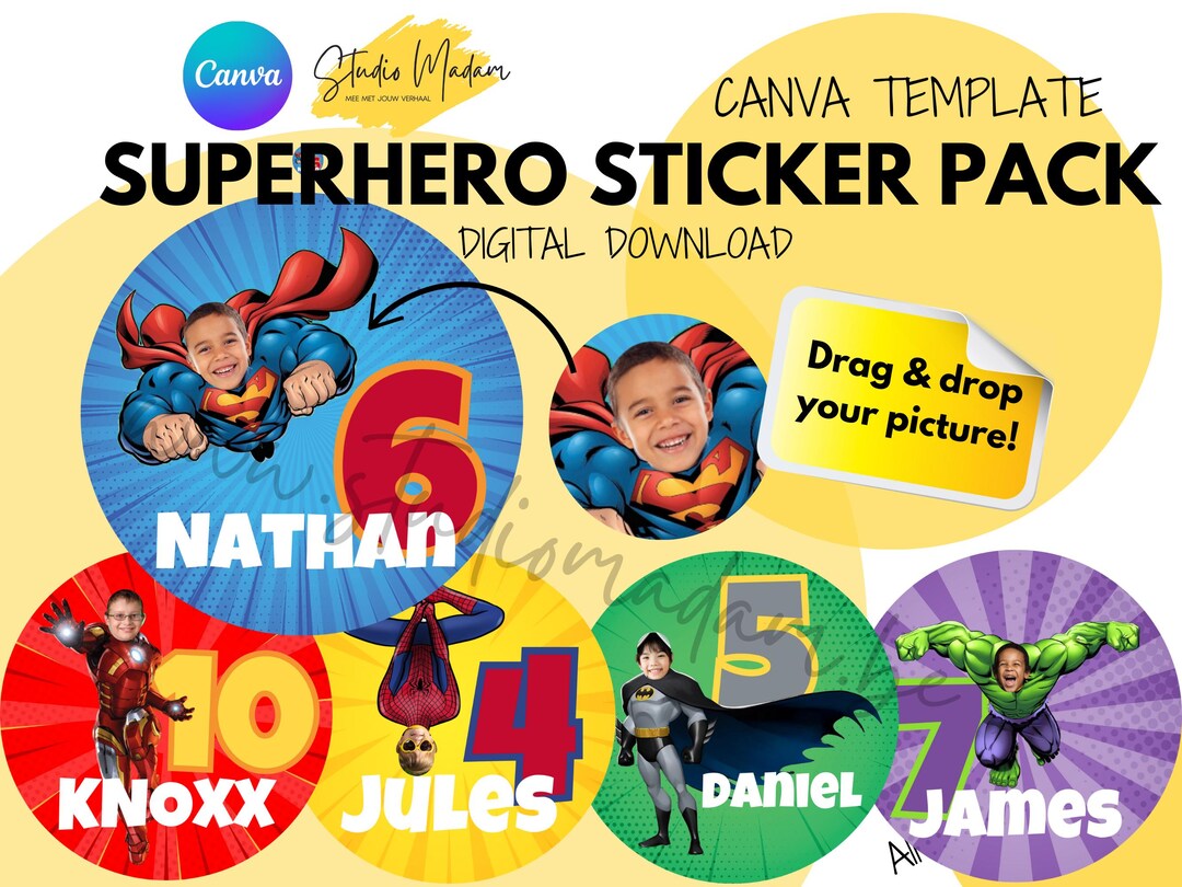 DIY Superhero Circle Sticker Pack - Digital Download - CANVA Template ...