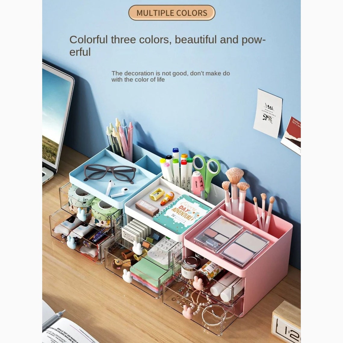 Wooden Desk Organizer With Drawers Multifunctional Makeup Organizer ...