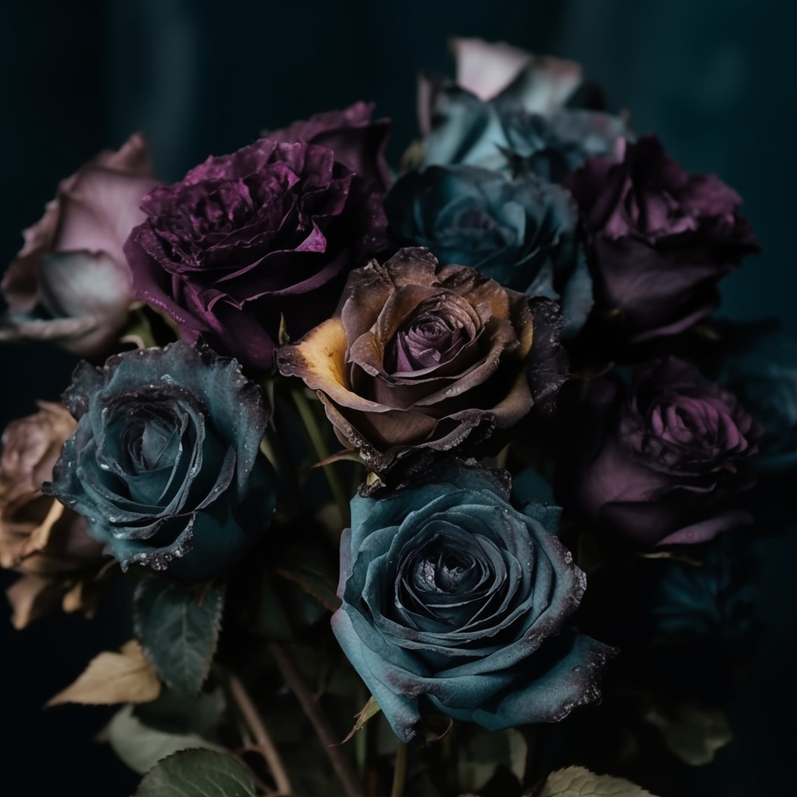 Midnight Roses on Black Background. Deep Metallic Colors. Dark ...