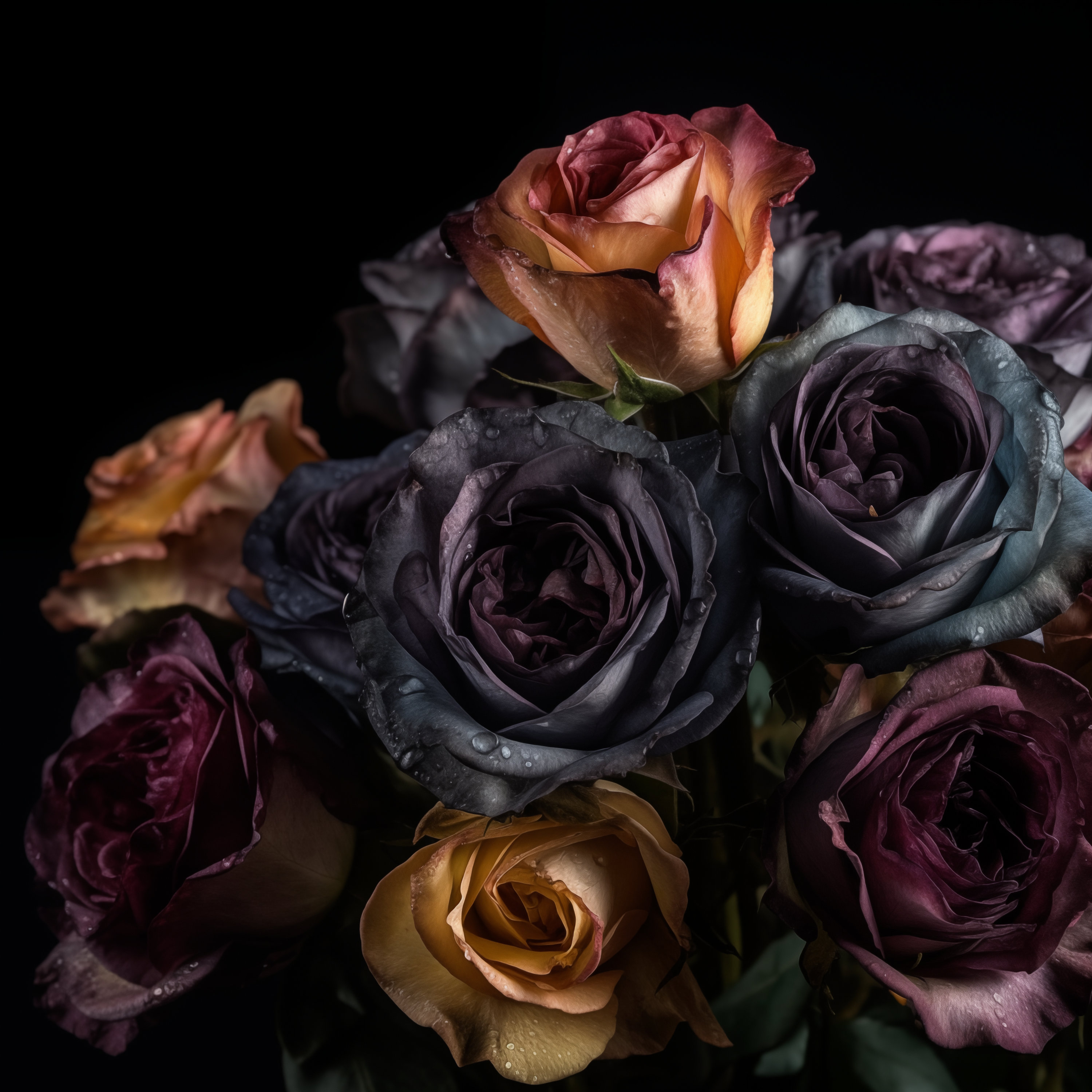 Midnight Roses on Black Background. Deep Metallic Colors. Dark ...