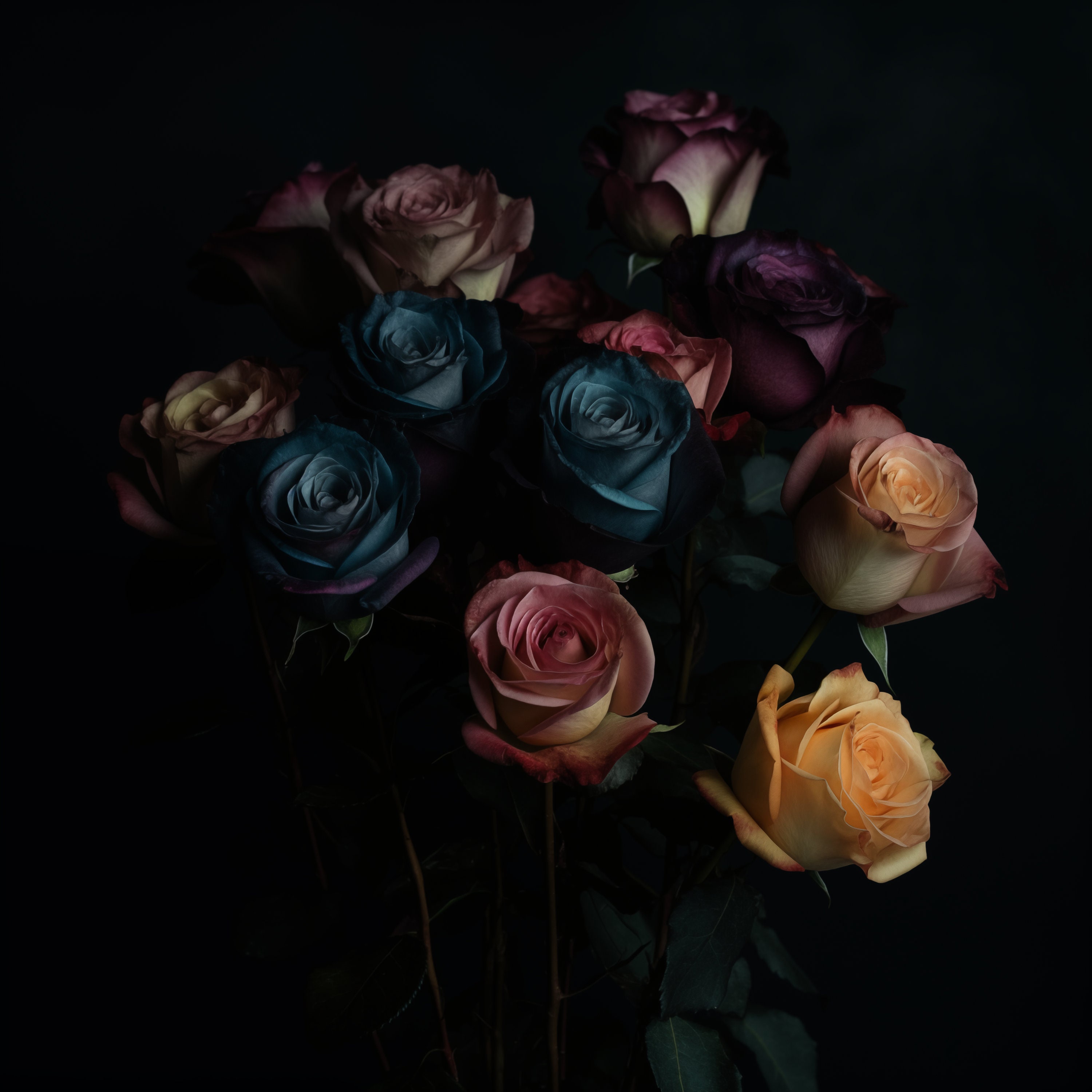 Midnight Roses on Black Background. Deep Metallic Colors. Dark ...