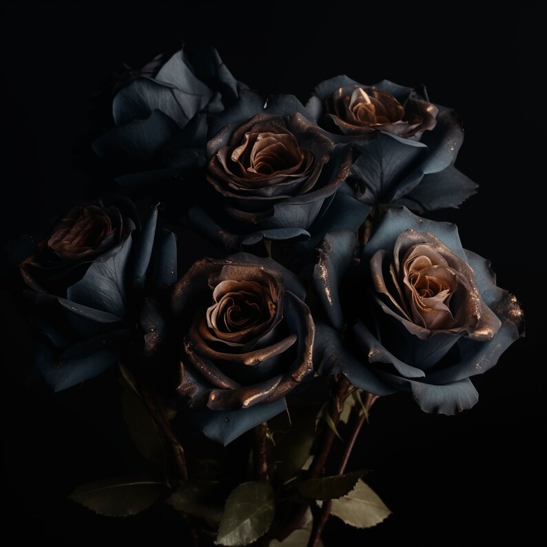 Midnight Roses on Black Background. Deep Metallic Colors. Dark ...