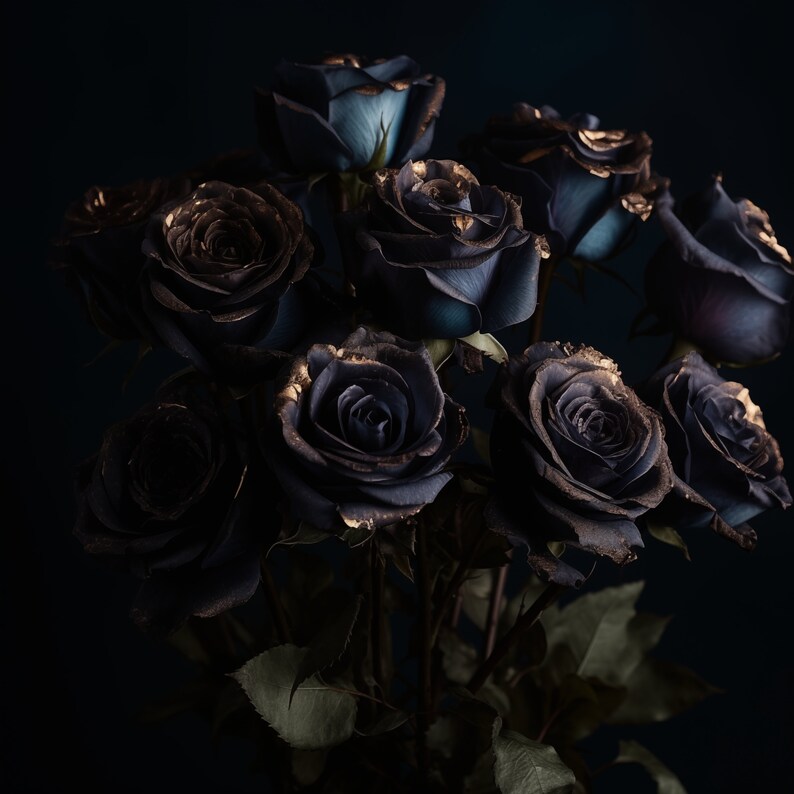 Midnight Roses on Black Background. Deep Metallic Colors. Dark ...