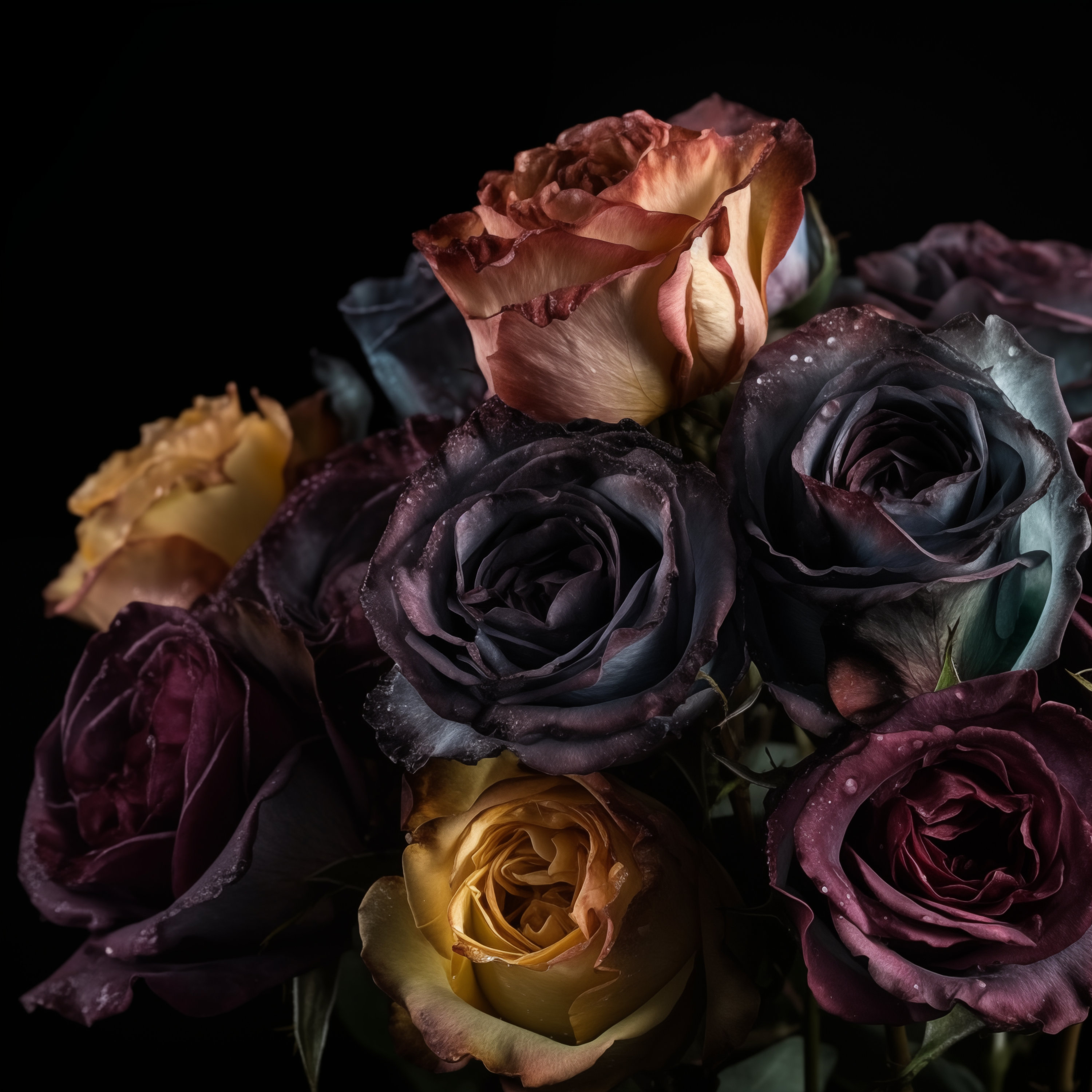Midnight Roses on Black Background. Deep Metallic Colors. Dark ...