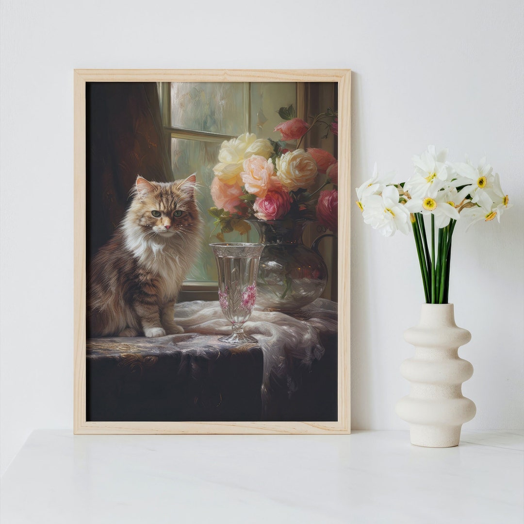Cat and Flowers PRINT Oil Painting Cat Wall Art Cat Wall Decor Rococo ...