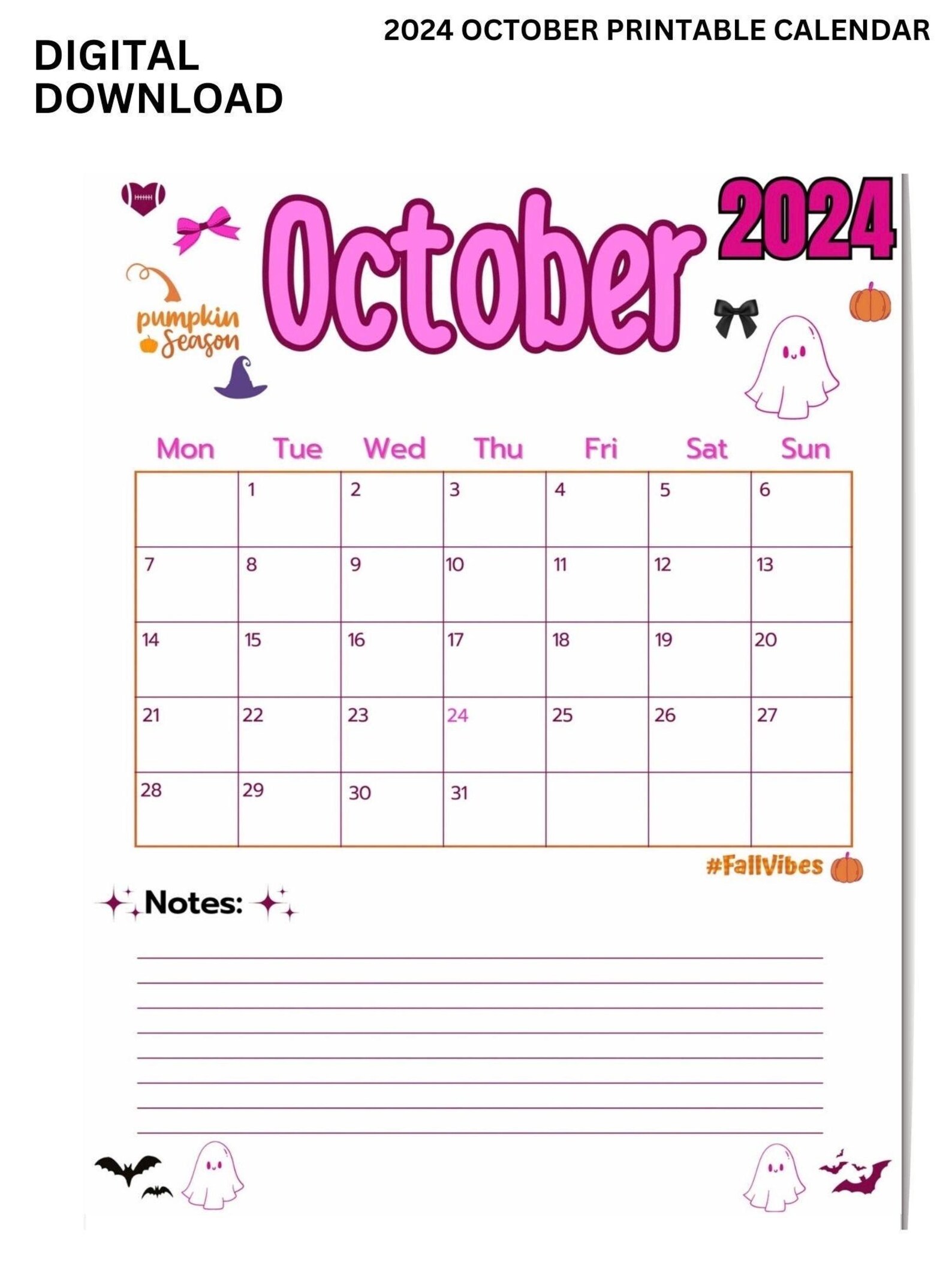 Pink October Printable Calendar, Digital Download, Halloween Planner ...