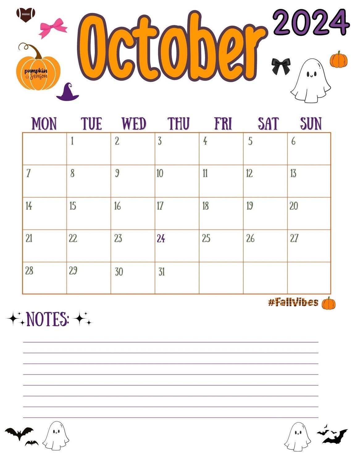 October 2024 Printable Calendar, Digital Download, Halloween Planner ...