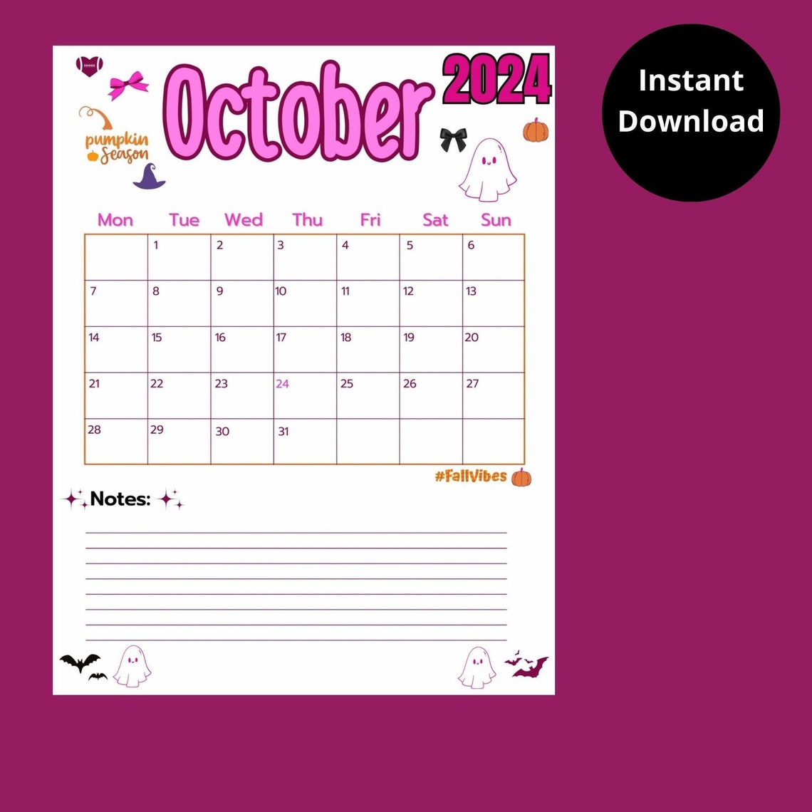 Pink October Printable Calendar, Digital Download, Halloween Planner ...