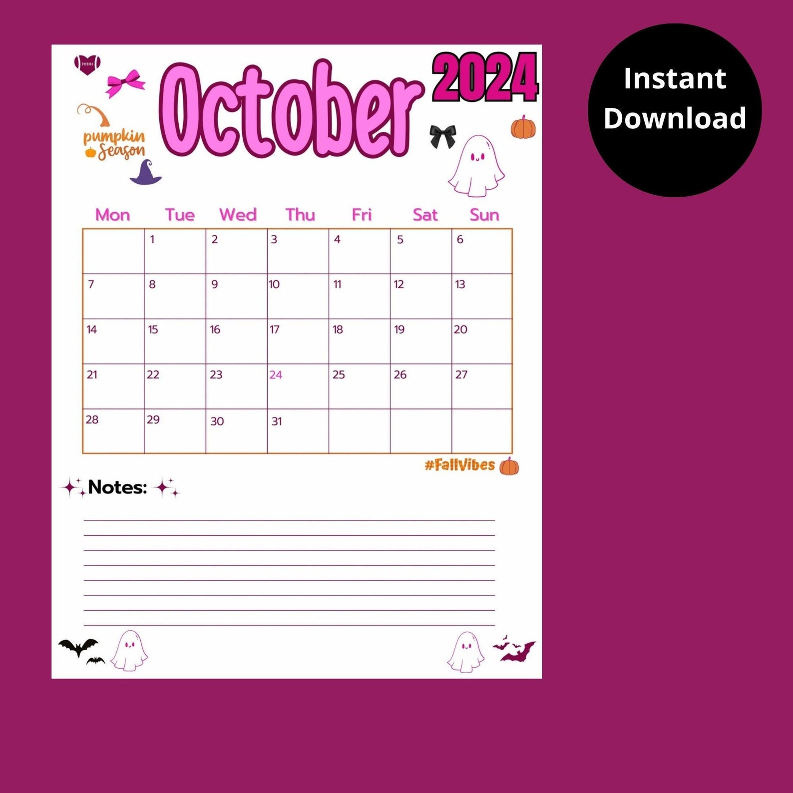 Pink October Printable Calendar, Digital Download, Halloween Planner ...