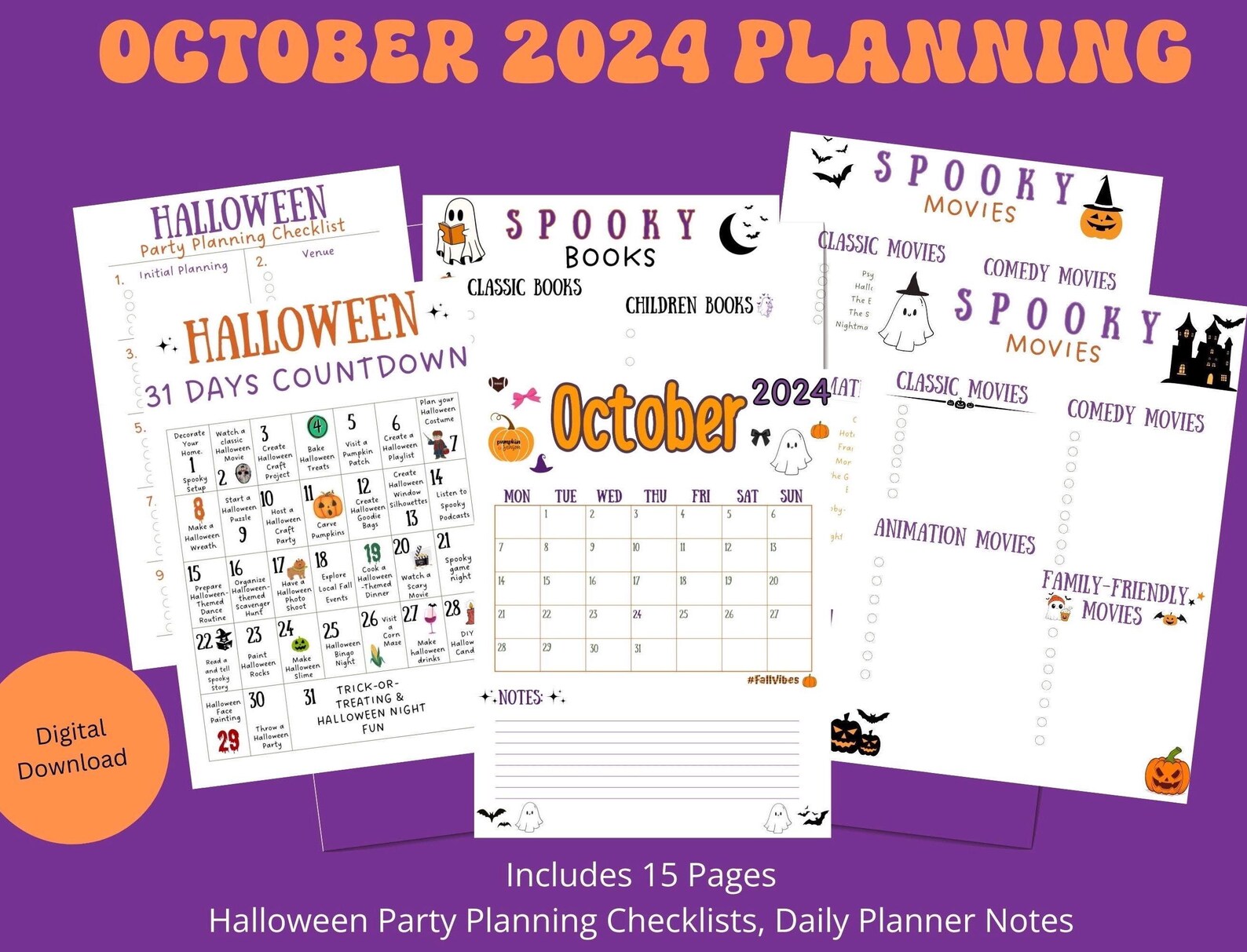 October 2024 Printable Calendar, Digital Download, Halloween Planner ...