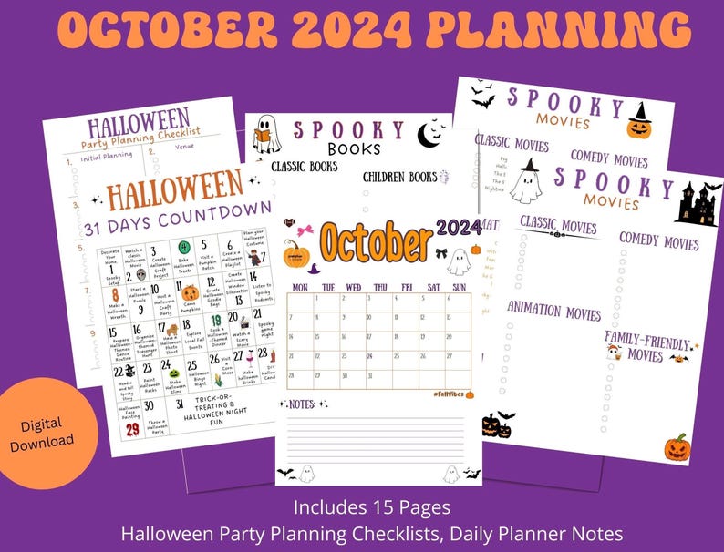October 2024 Printable Calendar, Digital Download, Halloween Planner ...