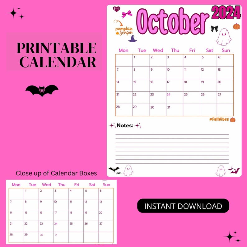 Pink October Printable Calendar, Digital Download, Halloween Planner ...