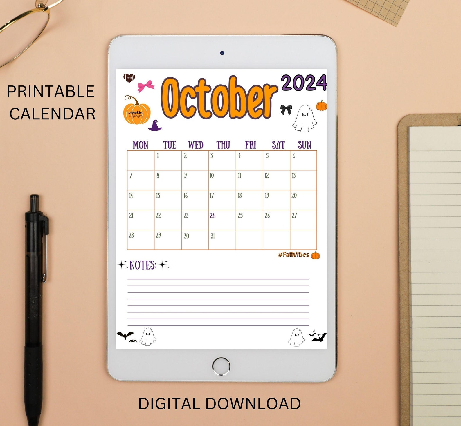 October 2024 Printable Calendar, Digital Download, Halloween Planner ...