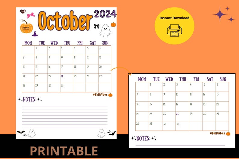 October 2024 Printable Calendar, Digital Download, Halloween Planner ...