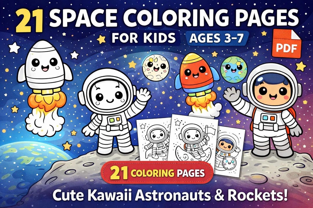 Space Coloring Pages for Kids | Kawaii Astronauts, Rockets (PDF ...