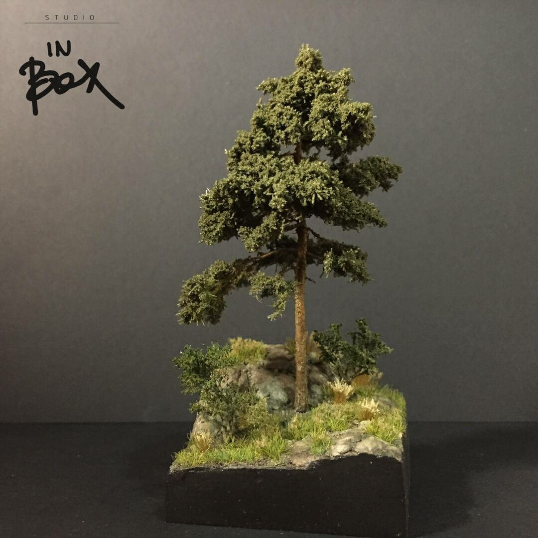 Realistic Miniature, Handmade, Mini-model of a Pine Tree and Two Shrubs ...