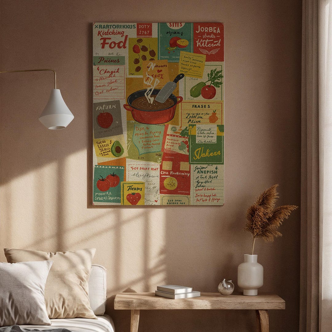Vintage Kitchen Food Collage Canvas Print, Retro Cooking Ingredients ...