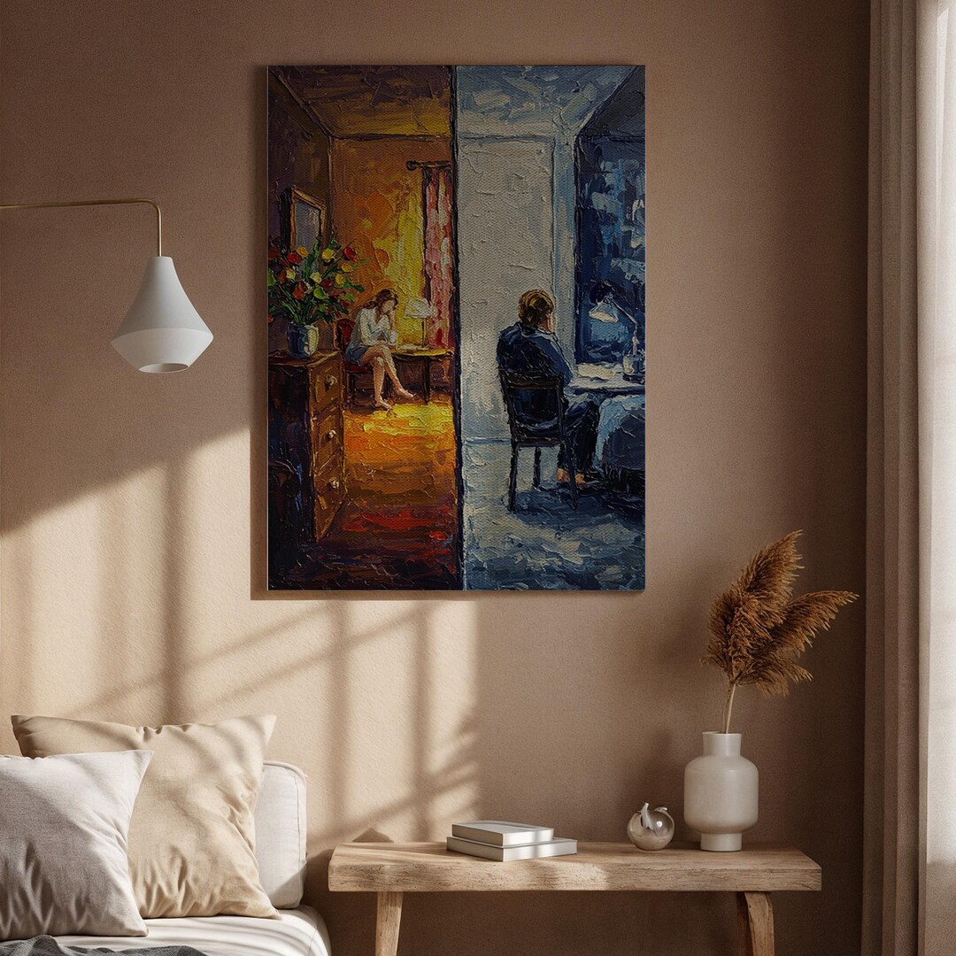 Framed Dual Room Emotional Canvas Wall Art, Split Scene Oil Texture ...