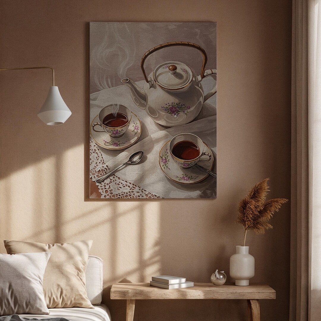 Framed Teapot and Teacup Canvas Art Vintage Tea Set Print | Warm Still ...