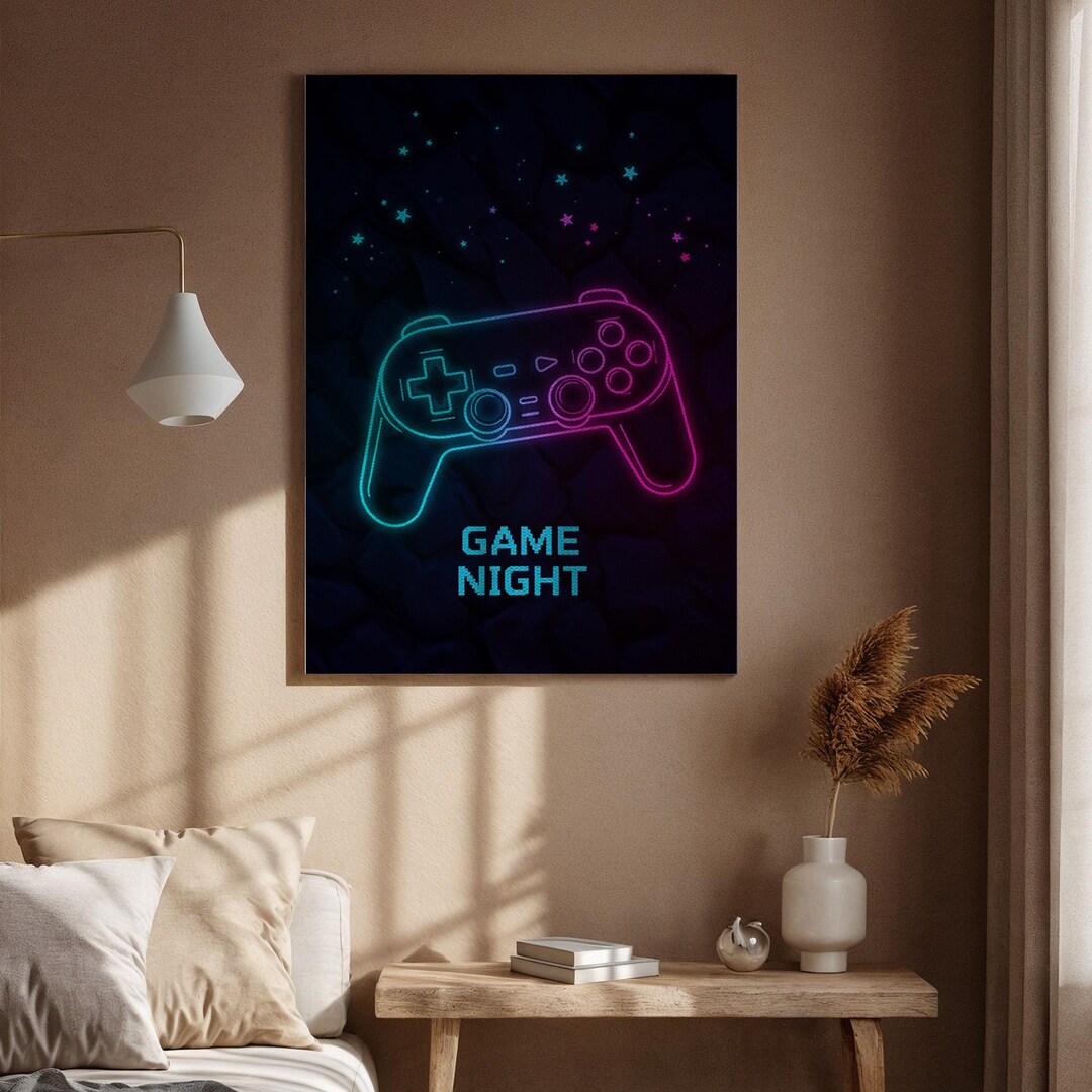 Game Night Canvas Wall Art Framed, Neon Gaming Controller Print, Retro ...