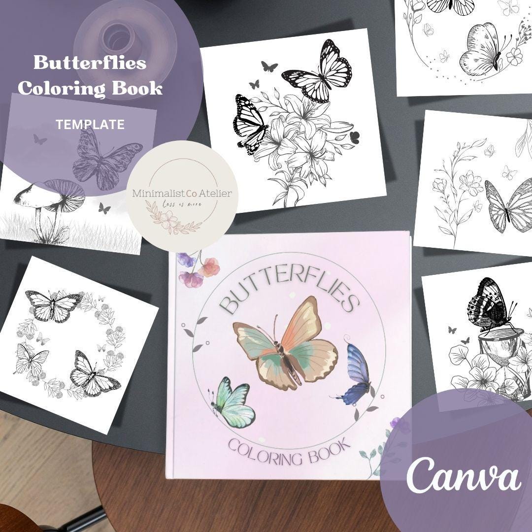 Printable Butterflies Coloring Book, Canva Template - Etsy