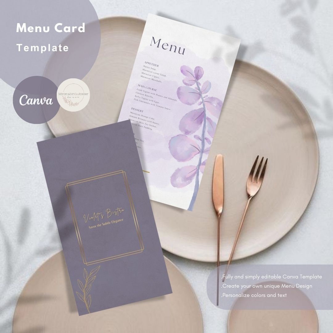 Editable Recto Verso Violet Menu Card, Canva Template - Etsy