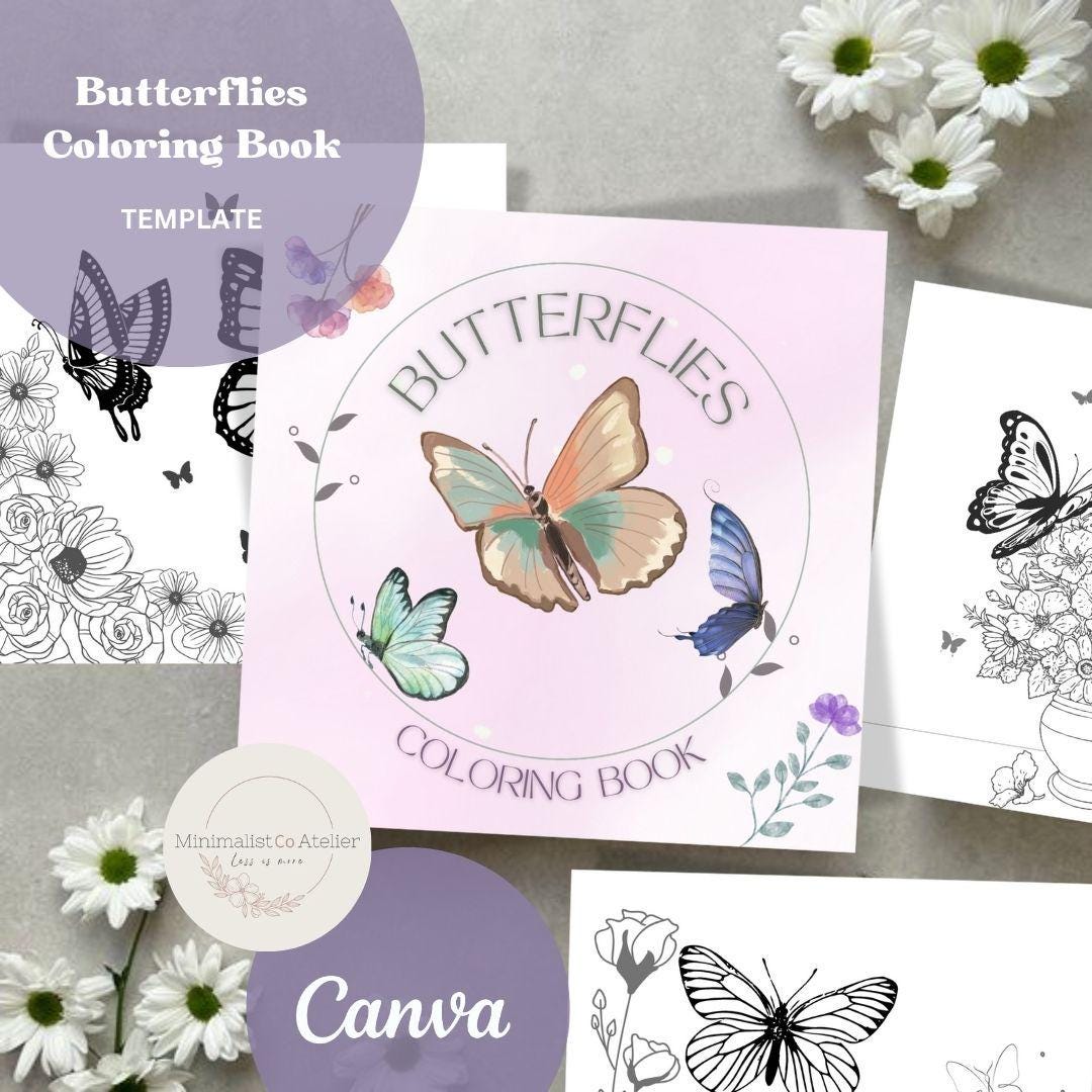 Printable Butterflies Coloring Book, Canva Template - Etsy