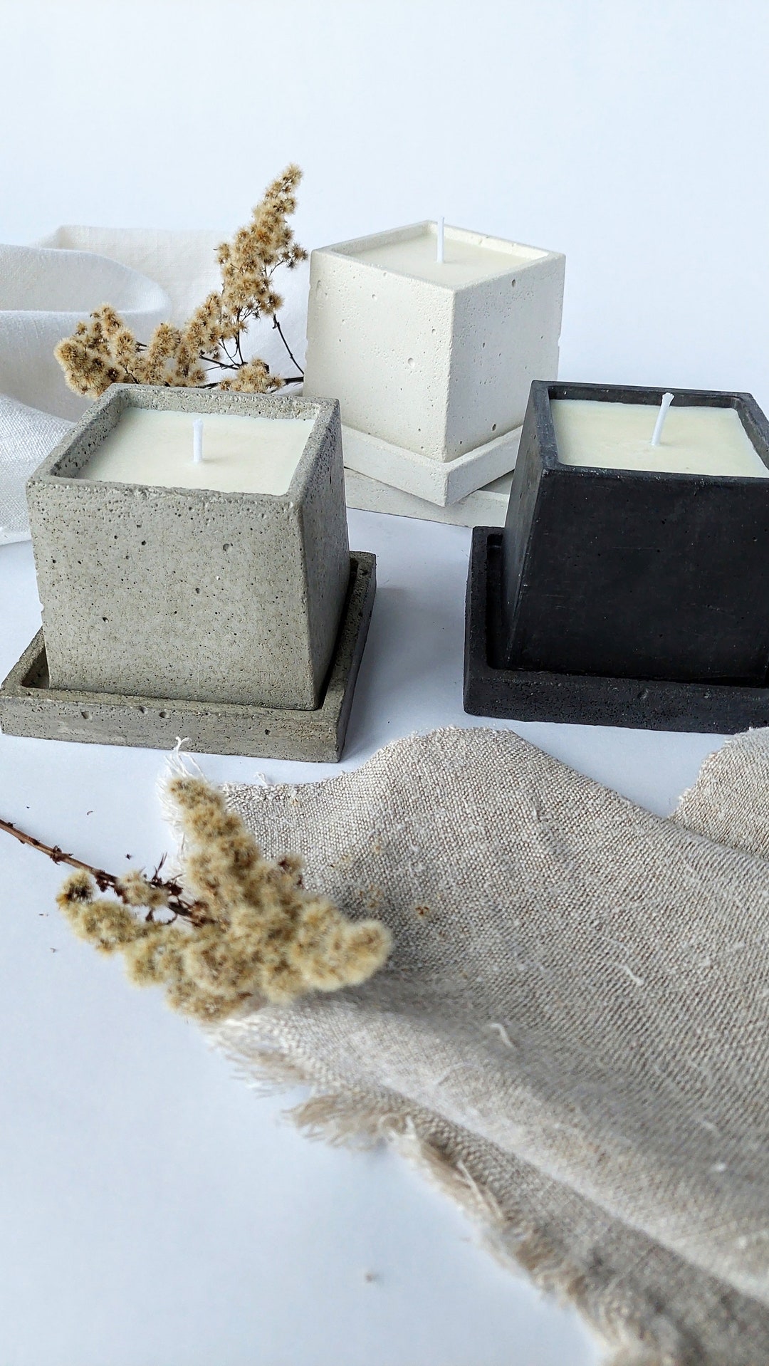 Square Concrete Tray and Candle four Corners L Unscented Soy Wax Candle ...