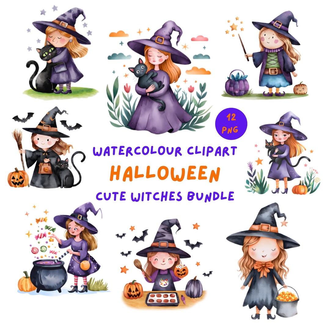 Watercolor Halloween Clipart Bundle Cute Witch Halloween Clipart ...