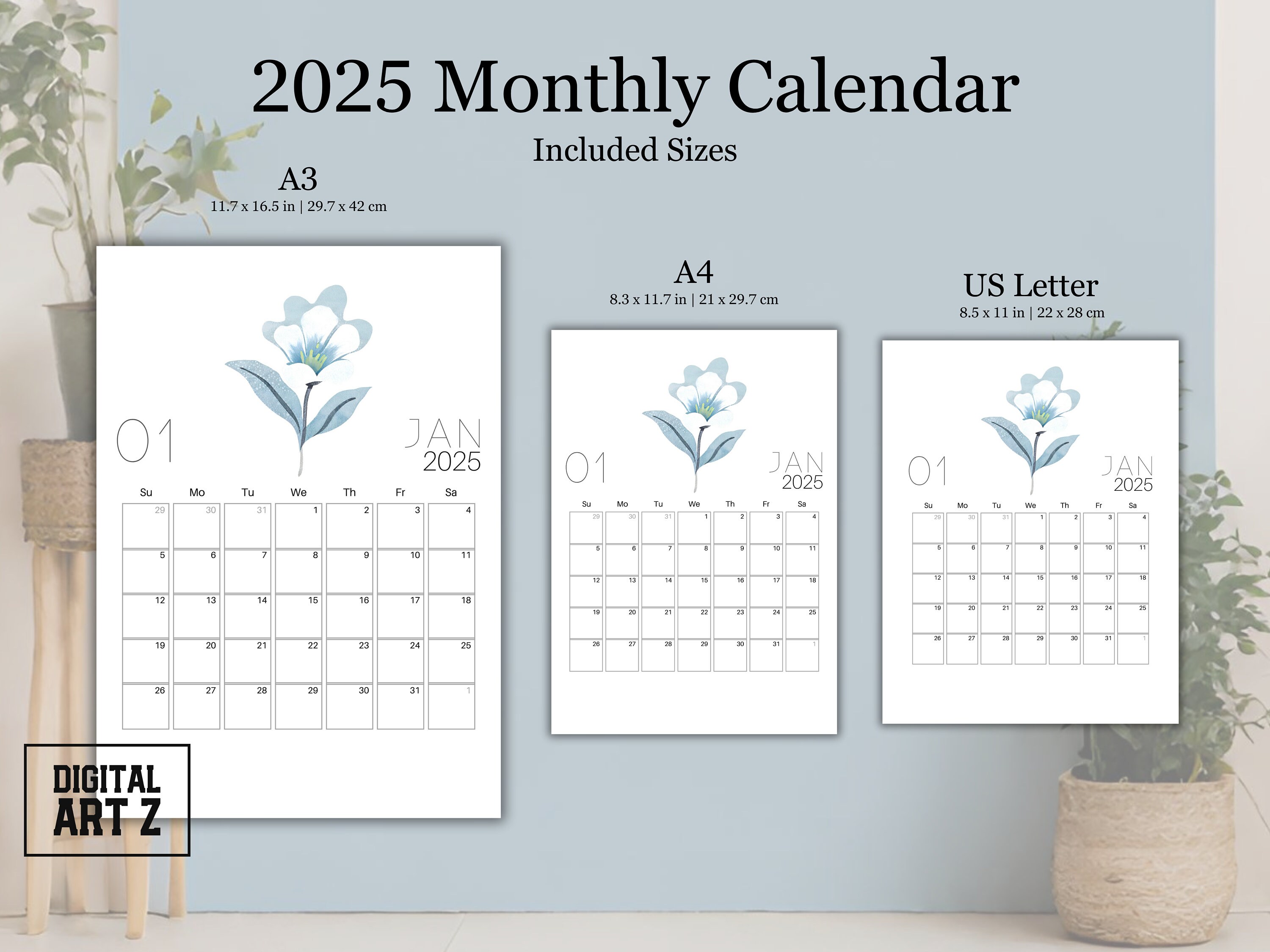 2025 Watercolor Flowers Calendar A4, A3, US Letter Sunday & Monday ...