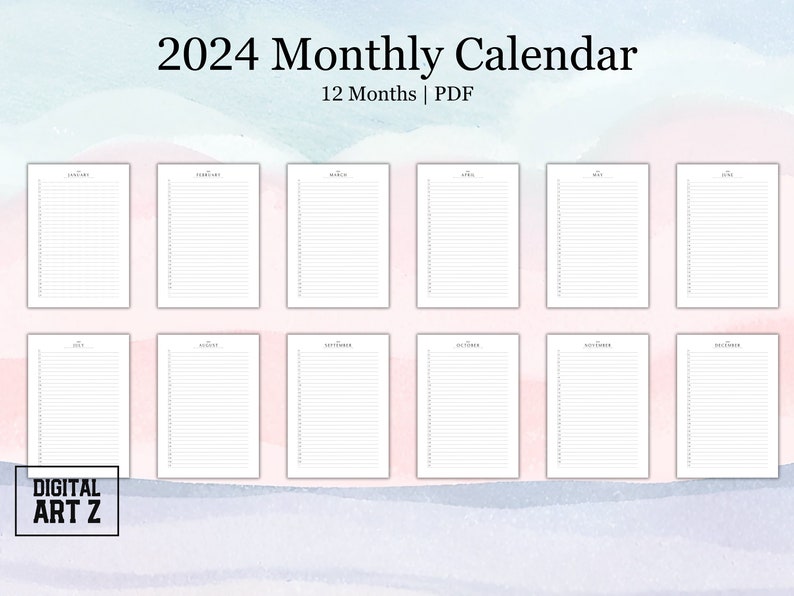 Minimalist Calendar With Rows 2024 Monthly Planner A4, A3, Letter PDF ...