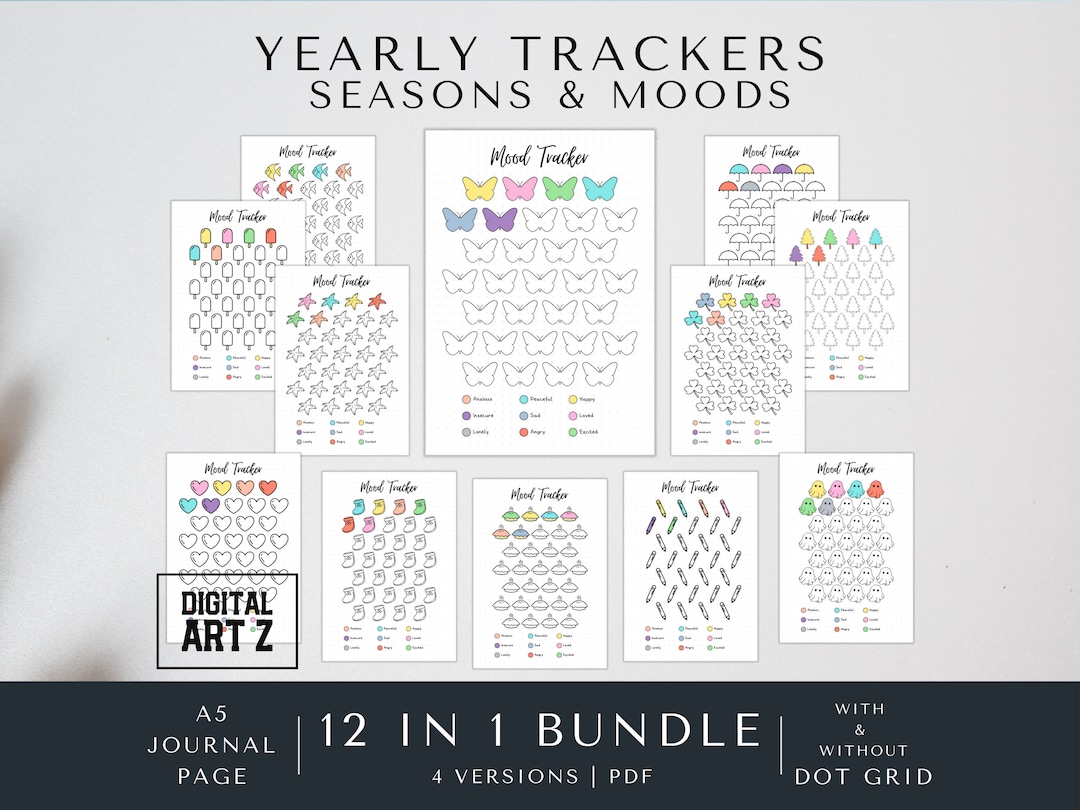 Yealy Seasons & Mood Tracker Bundle, Printable A5 Journal Page, Dot ...