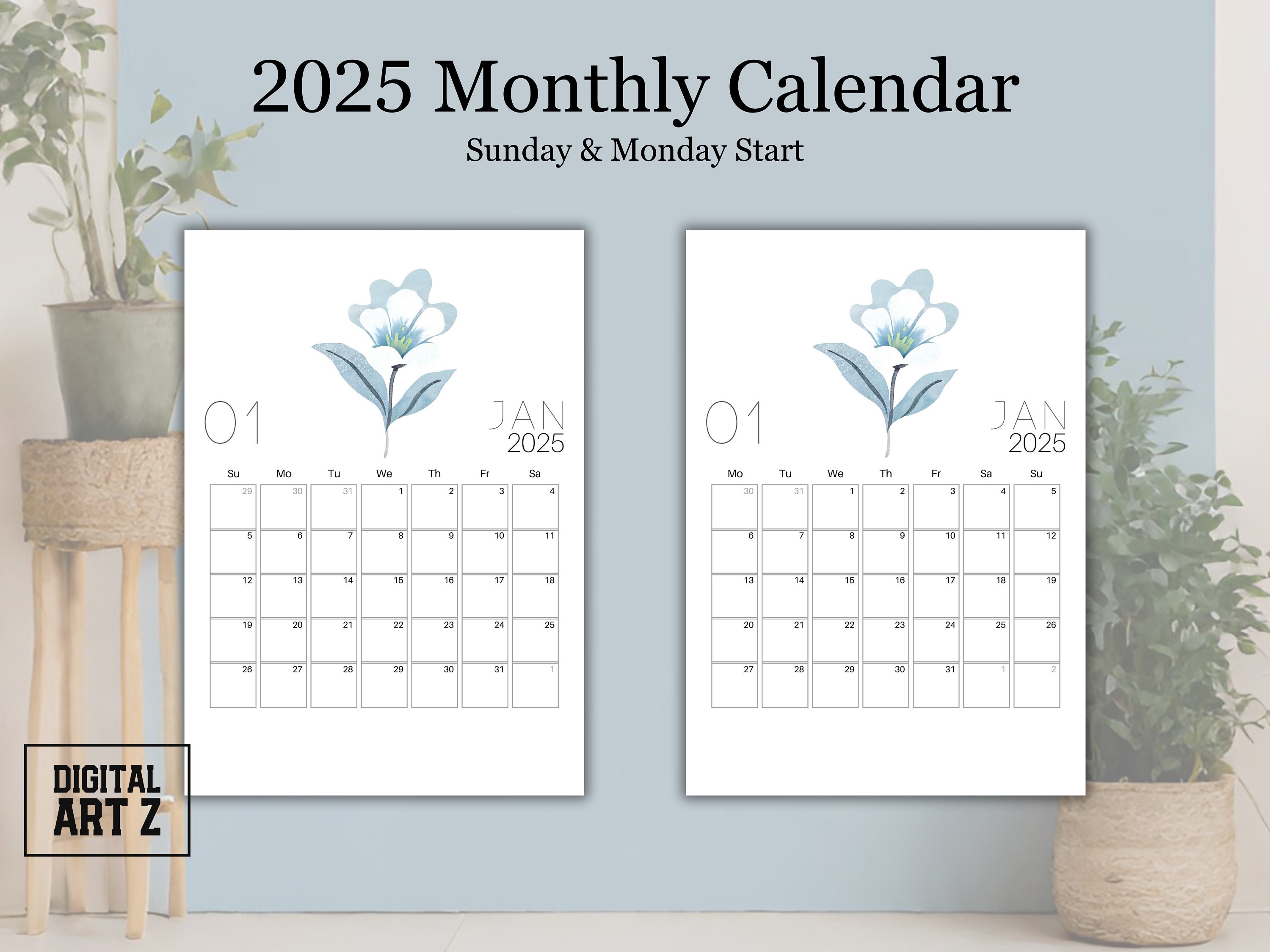 2025 Watercolor Flowers Calendar | A4, A3, US Letter | Sunday & Monday ...