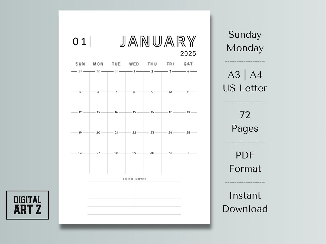 2025 Monthly Calendar, A4, A3, Letter 8.5 X 11, Sunday & Monday Start ...