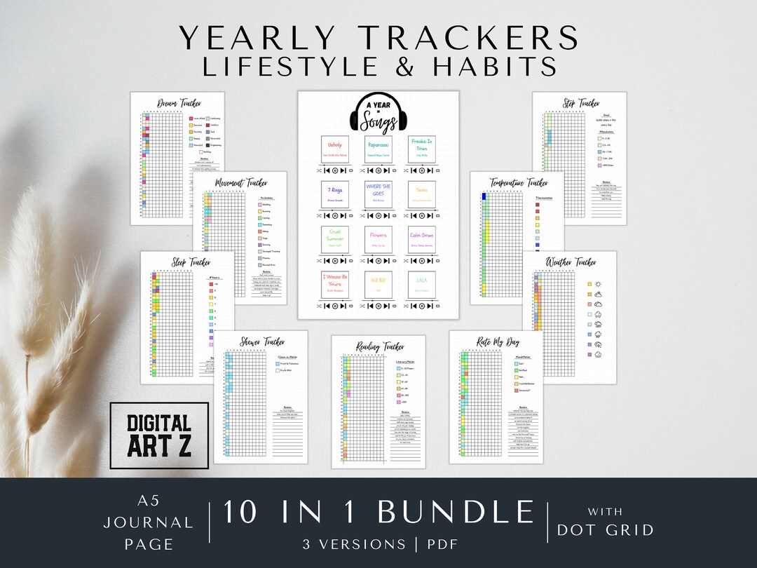Lifestyle & Habits Yearly Trackers, A5 Bundle Printable, Rate My Day ...