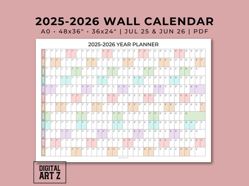 2025-2026 Rainbow Academic Wall Calendar, July Start (printable PDF) - Etsy