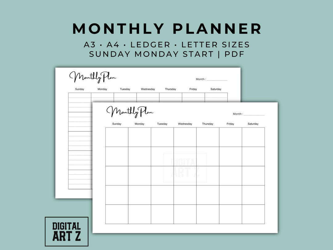 Minimalist Monthly Planner Printable, Big Undated Calendar Page ...