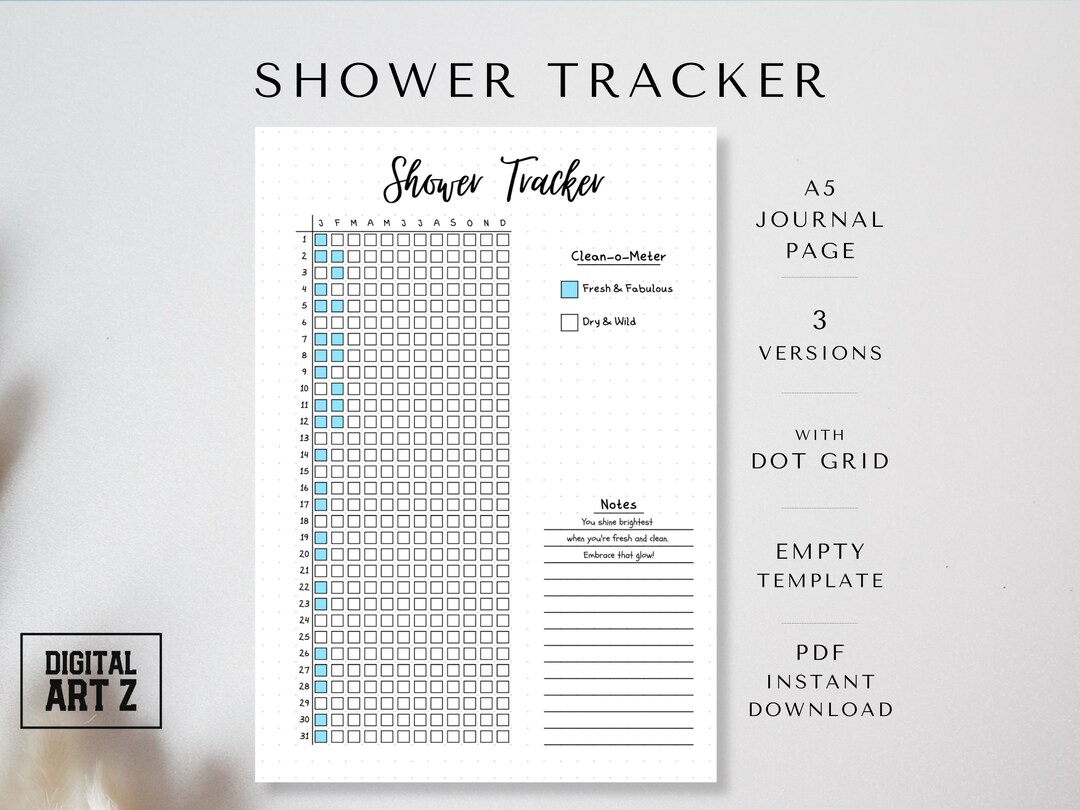Daily Shower Tracker, A5 Printable Planner, Bullet Journal Sheet ...