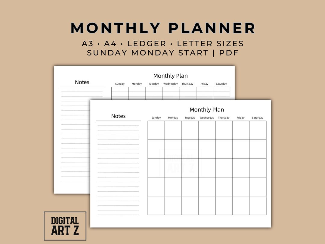 Minimalist Monthly Planner: Lined & Unlined, A3/a4/letter (PDF Download ...